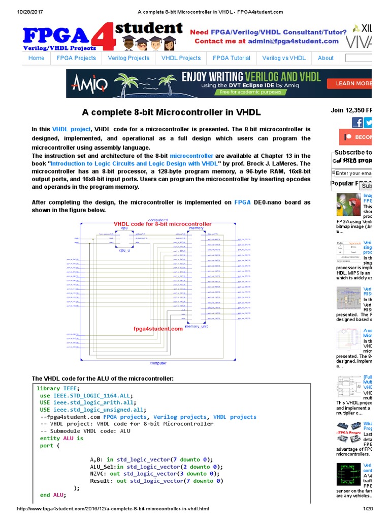 A Complete 8-Bit Microcontroller in VHDL - FPGA4student | PDF | Vhdl | Field Programmable Gate Array