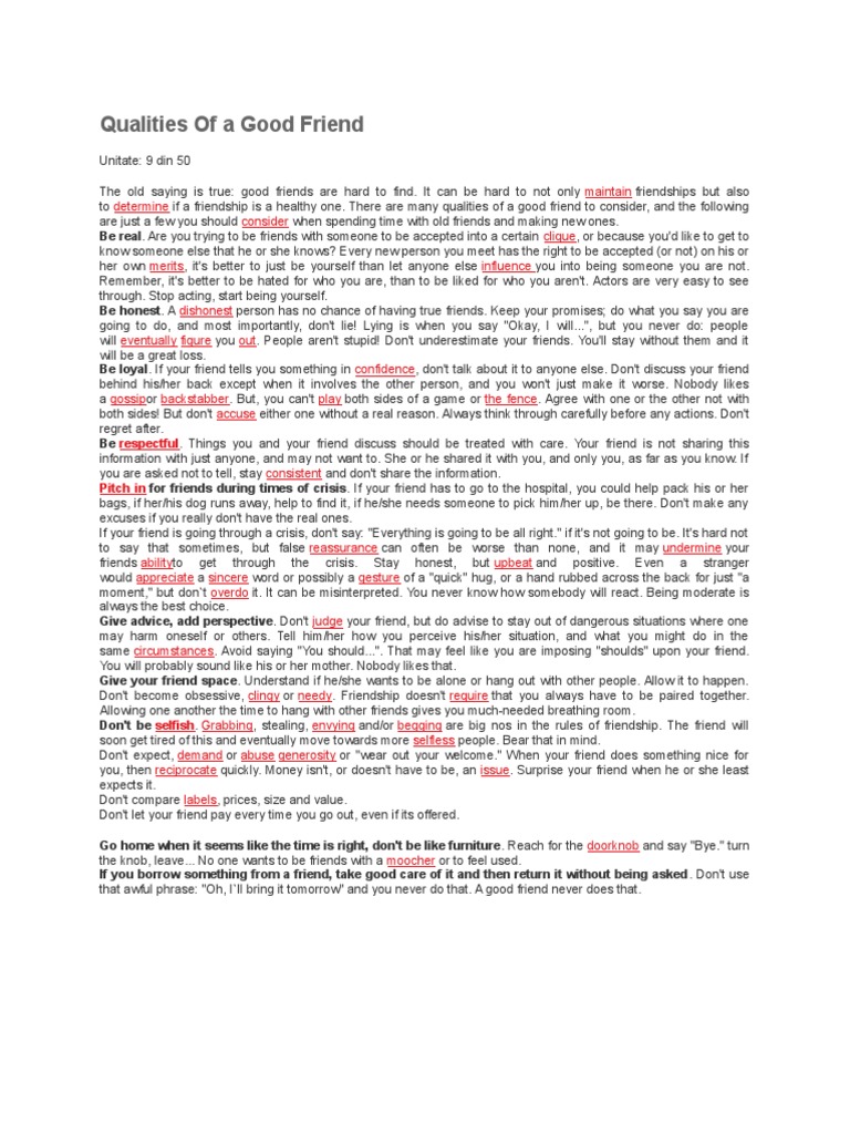 Qualities of A Good Friend | PDF | Noun | Morphology