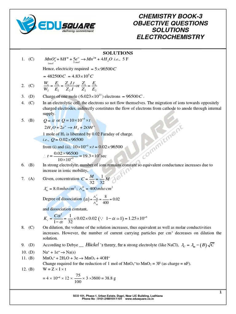 08 Objective Questions Solutions Electrochemistry | PDF ...