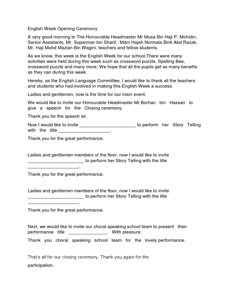 English Week Opening Ceremony Speech | PDF