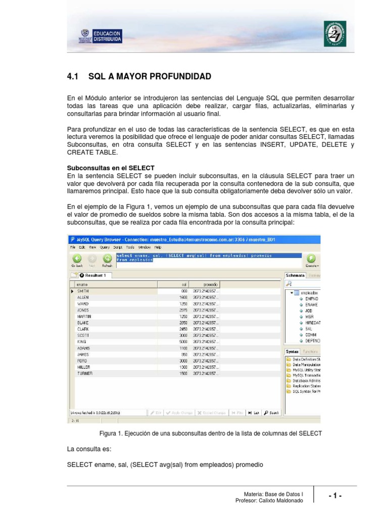 Lectura 21 - SQL A Mayor Profundidad CORREGIDO PDF | PDF | SQL | Tabla (base de datos)