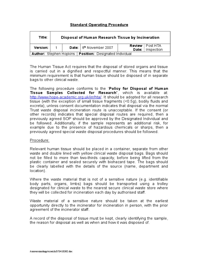 Disposal of Tissue SOP-Final Draft | PDF | Waste Management | Incineration
