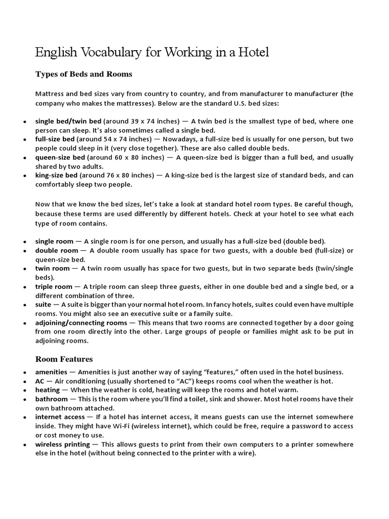 Hotel Vocabulary: Rooms and Amenities | PDF | Bed | Bathroom