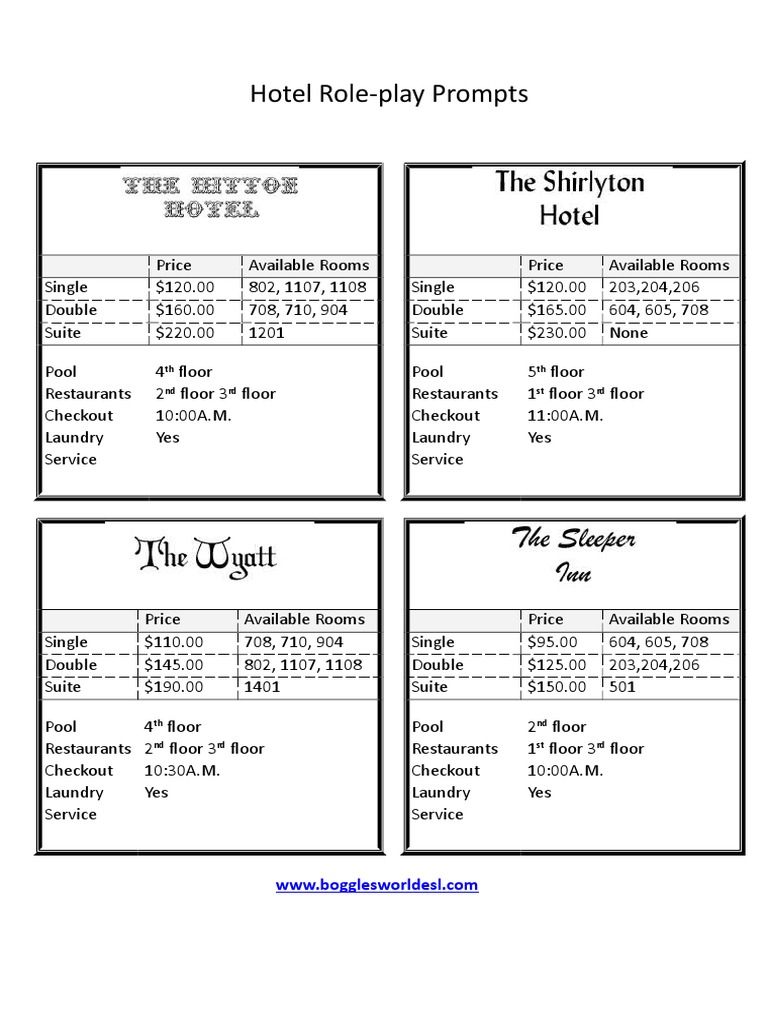 Hotel Role-Play Prompts: TH ND RD TH ST RD | PDF | Buildings And ...