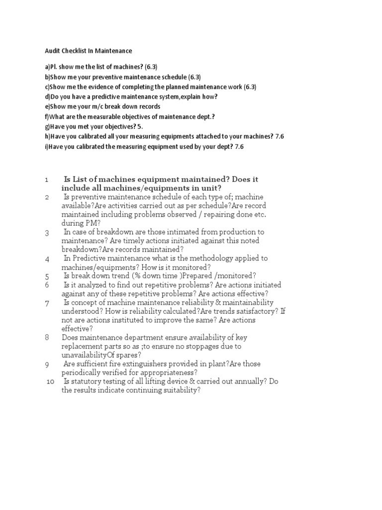 Audit Checklist in Maintenance | PDF | Reliability Engineering ...