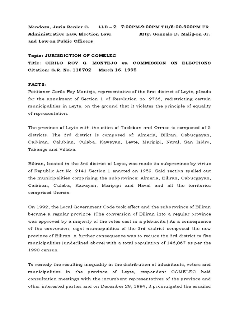 Montejo Vs COMELEC | PDF | Apportionment (Politics) | Constitutional Law