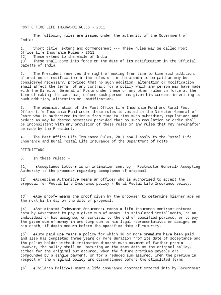 Post Office Life Insurance Rules - 2011 | PDF | Life Insurance | Insurance