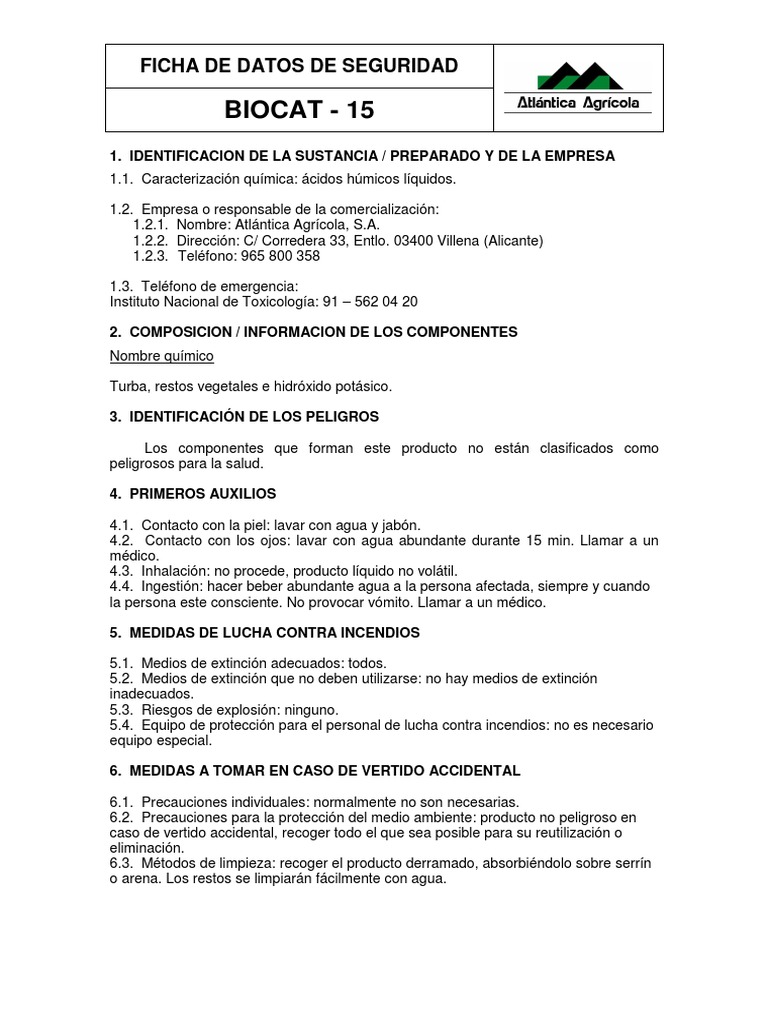 Ficha de Seguridad: Biocat - 15 | PDF | Fertilizante | Descomposición