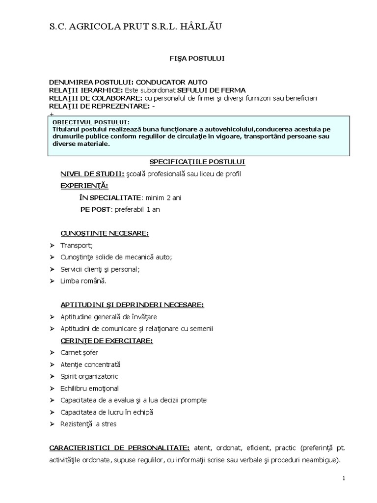 Fisa Post - Conducator Auto | PDF