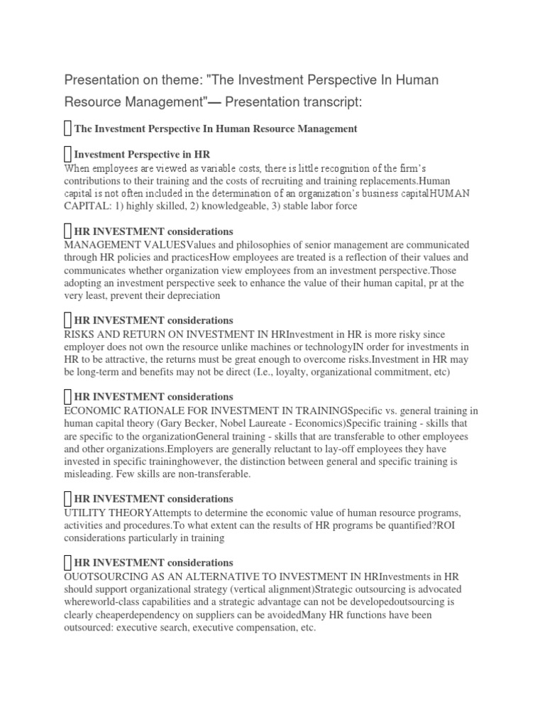 Investment Perspective | PDF | Human Resources | Employee Retention