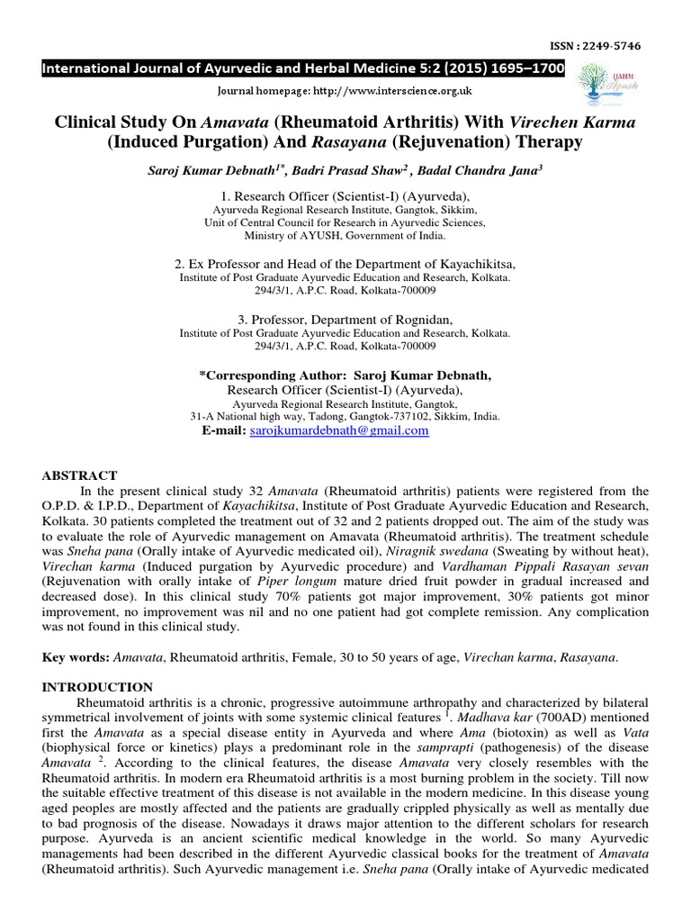 Clinical Study On Amavata (Rheumatoid Arthritis) With Virechen Karma ...