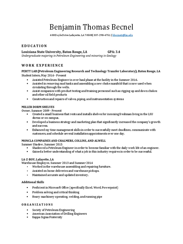 Ben Becnel's Petroleum Engineering Resume | PDF | Career & Growth | Business