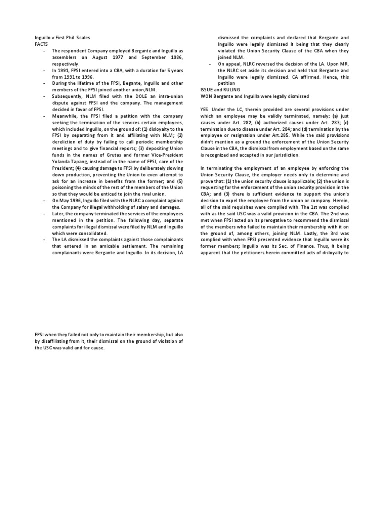 Inguillo V First Phil Scales | PDF | Complaint | Employment
