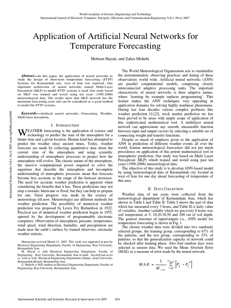 Application of Artificial Neural Networks For Temperature Forecasting ...
