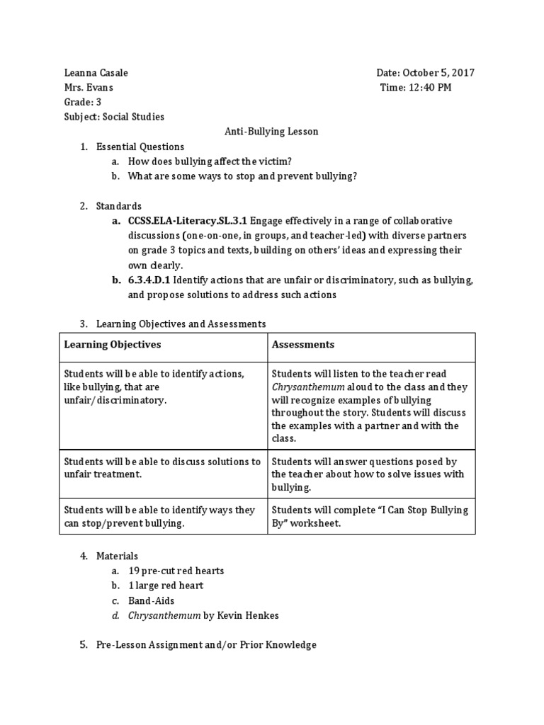 Anti-Bullying Lesson | PDF | Bullying | Educational Assessment