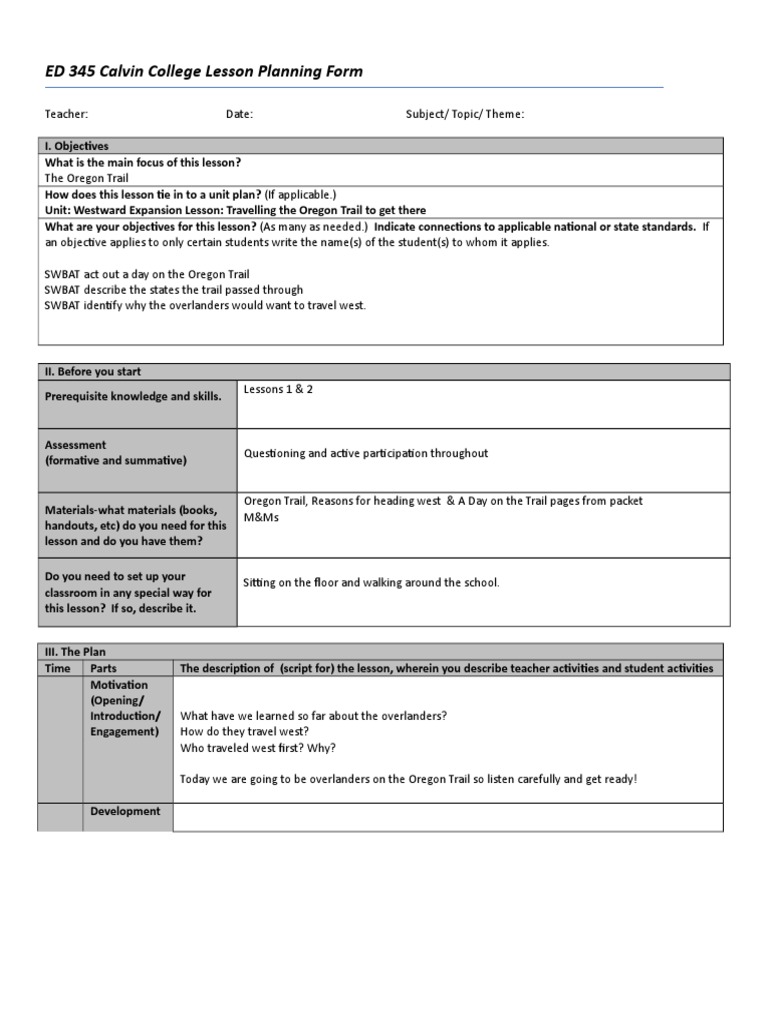 Oregon Trail Lesson Plan Template | PDF | Lesson Plan | Education Theory