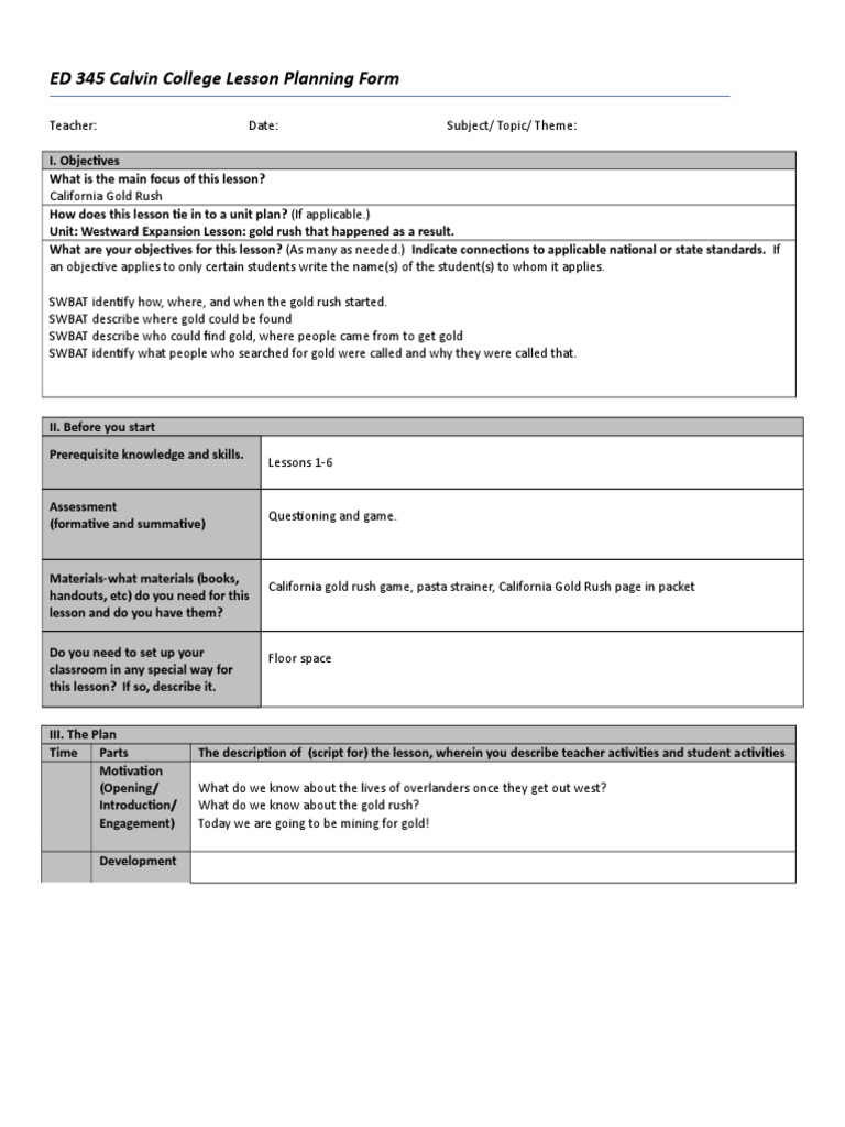 Lesson Seven - Gold Rush | PDF | Lesson Plan | Education Theory