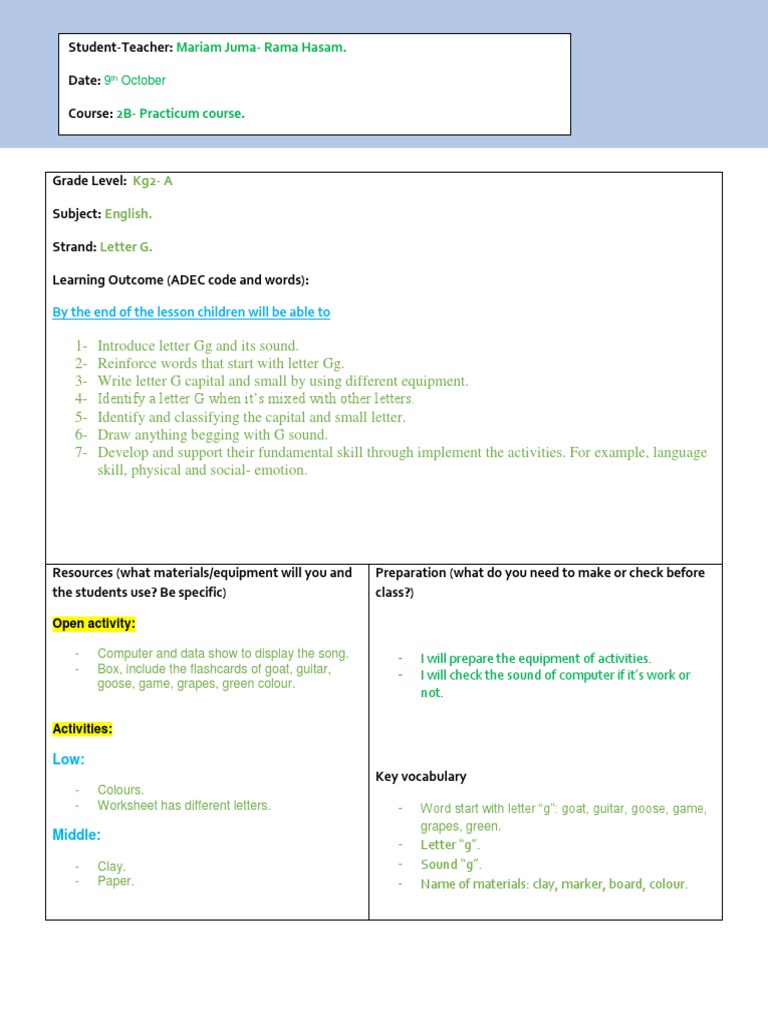 Lesson Plan - Letter G | PDF | Educational Assessment | Psychology