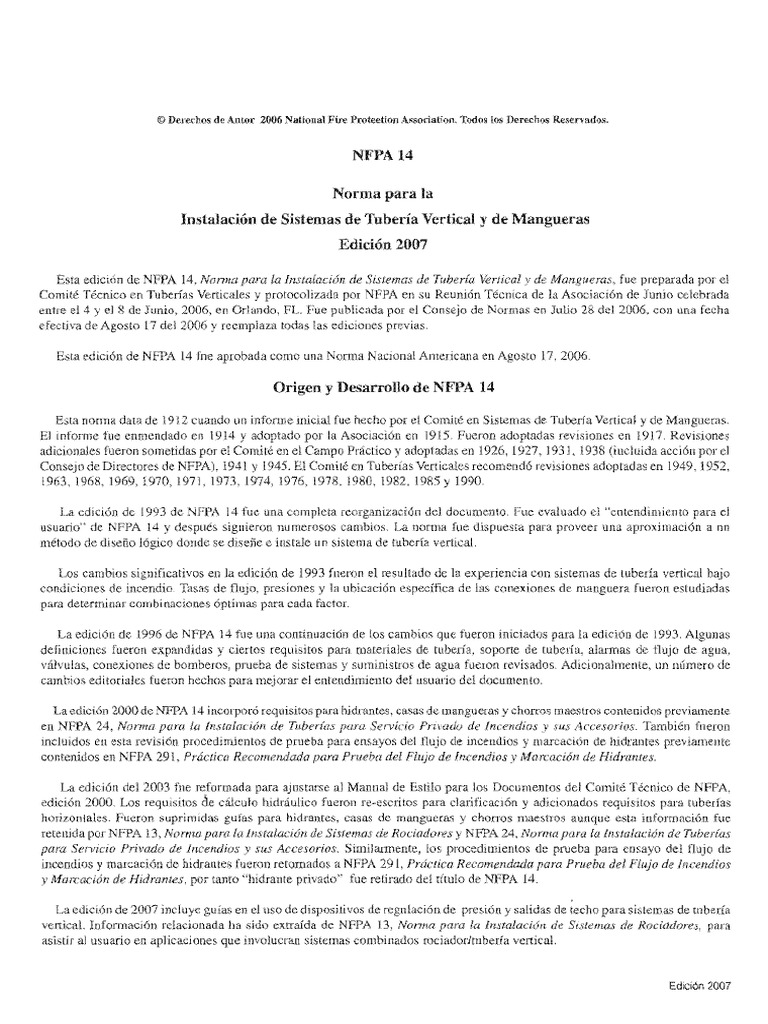 Nfpa 14 Instalacion de Tuberias Verticales y Mangueras | PDF