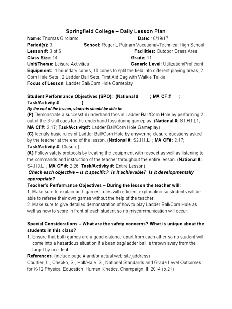 Ladder Ball 2fcorn Hole Lesson Plan B Week | PDF