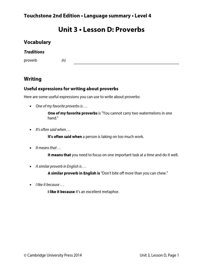 Unit 3 - Lesson D: Proverbs: Touchstone 2nd Edition - Language Summary - Level 4 | PDF