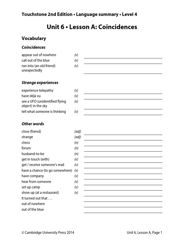 Unit 6 - Lesson A: Coincidences: Touchstone 2nd Edition - Language Summary - Level 4 | PDF