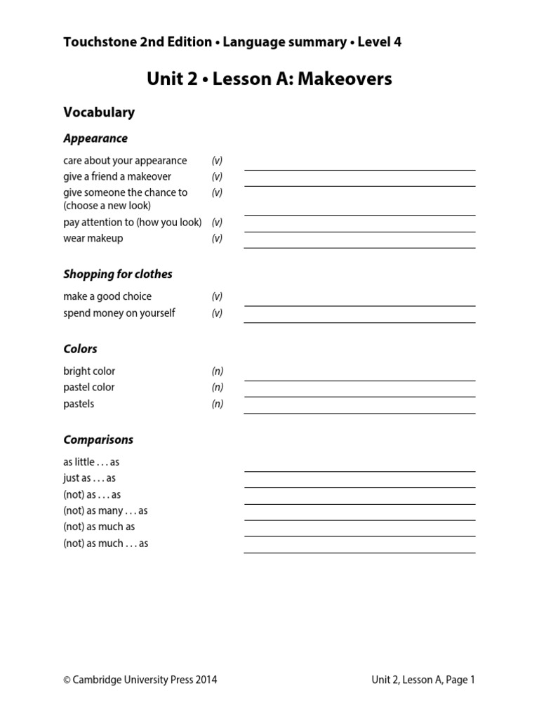 Unit 2 - Lesson A: Makeovers: Touchstone 2nd Edition - Language Summary - Level 4 | PDF