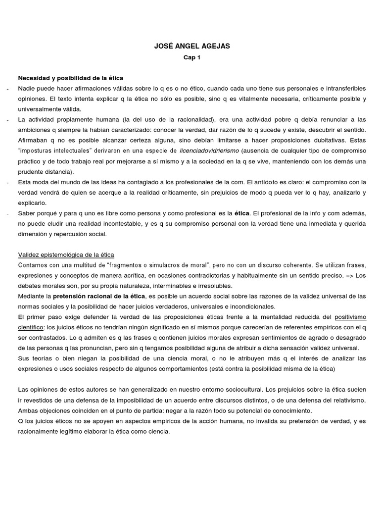 JOSÉ ANGEL AGEJAS Cap 1 Necesidad y Posibilidad de La Ética | PDF | Moralidad | Conocimiento
