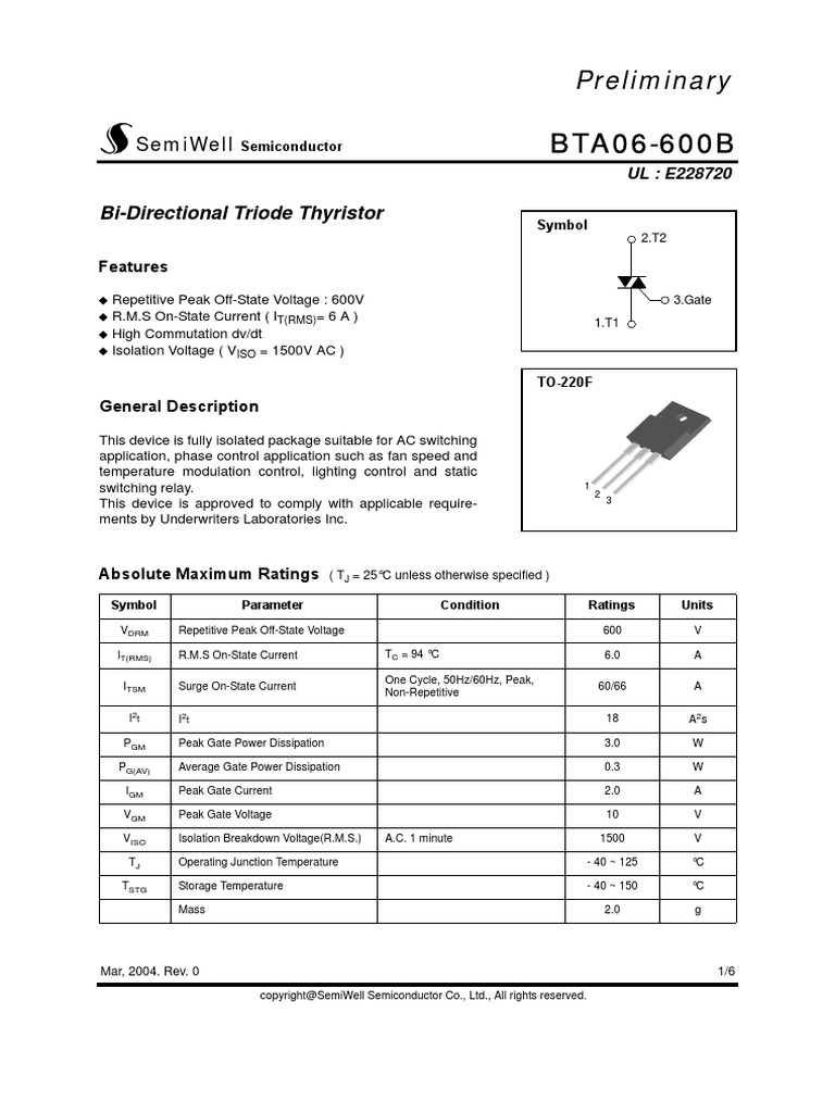 BTA06-600B: Preliminary | Components | Electrical Equipment
