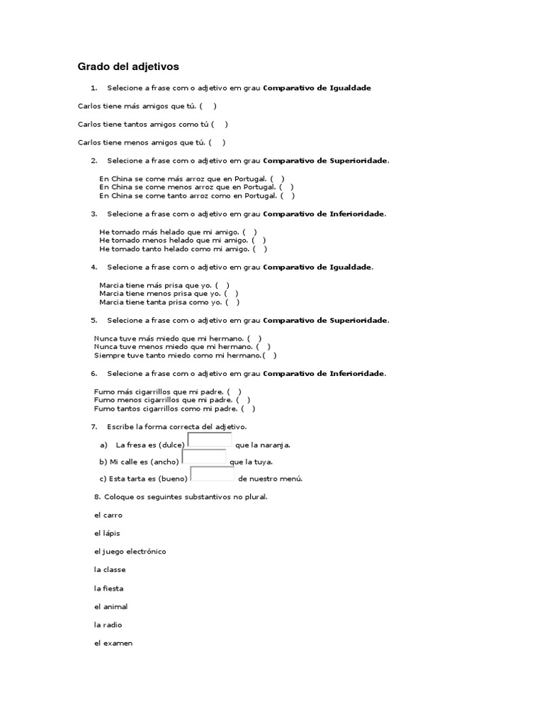 Exercícios de Grados Del Adjetivos | PDF