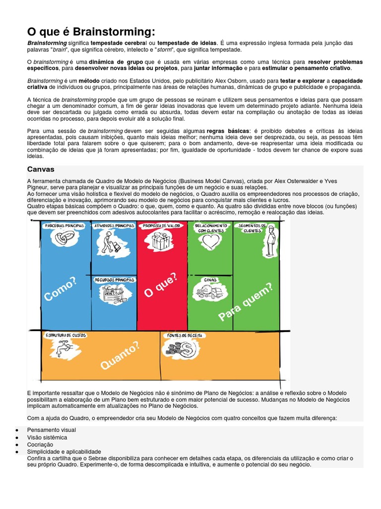 O Que É Brainstorming e Canvas | PDF | Debate | Plano de negócios