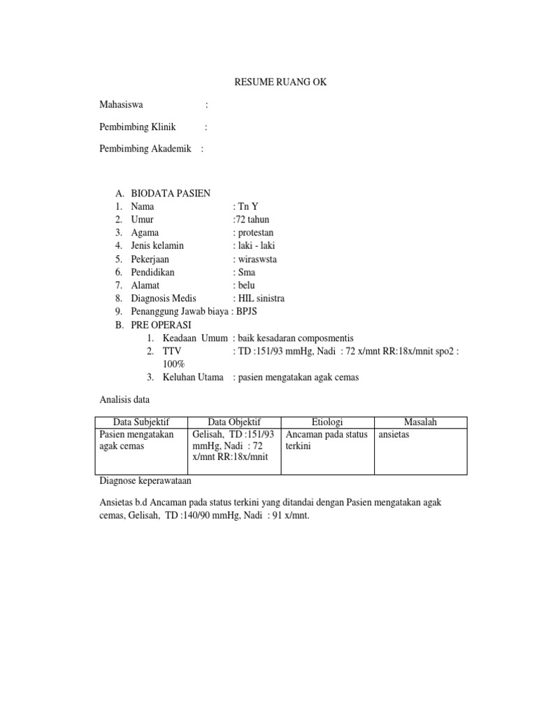 Resi: Laporan Ruang OK Perawatan Pasien Herniotomi | PDF