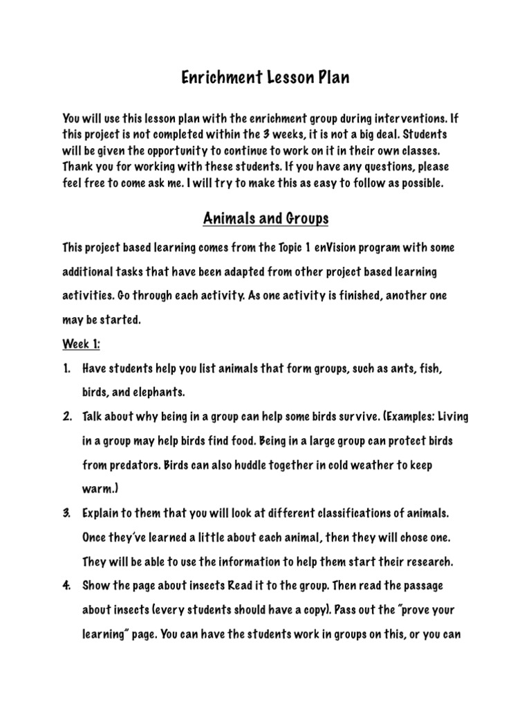 Enrichment Lesson Plan: Animals and Groups | Download Free PDF ...