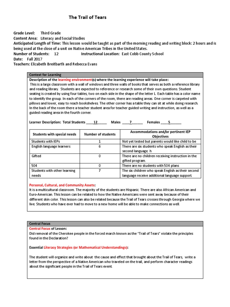 Trail of Tears Lesson Plan for 3rd Grade | PDF | Trail Of Tears | Teachers
