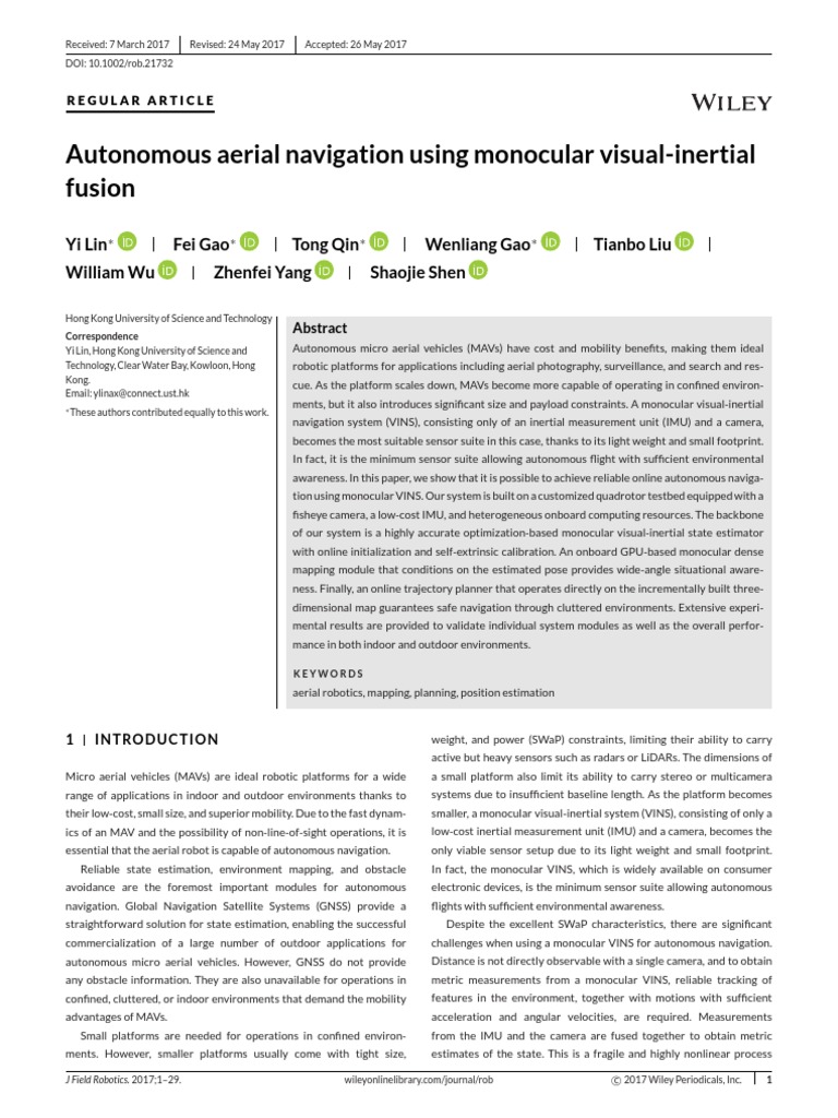Autonomous Aerial Navigation Using Monocular Visual-Inertial Fusion | PDF | Inertial Navigation ...