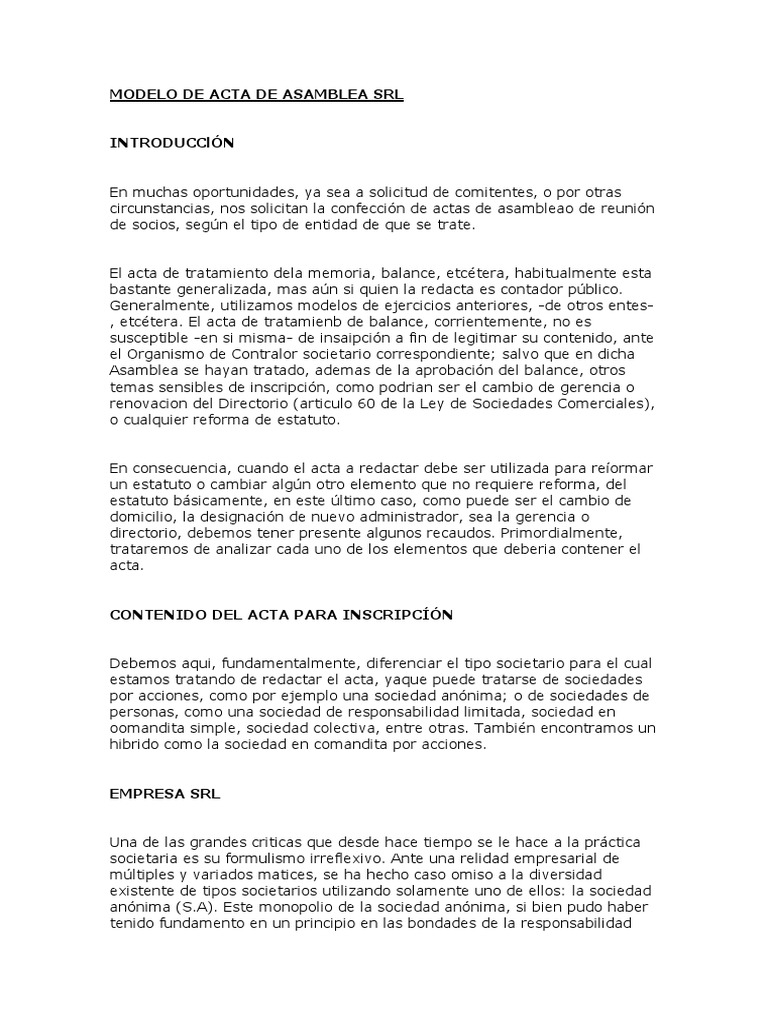 Modelo de Acta de Asamblea | Sociedad de responsabilidad limitada ...
