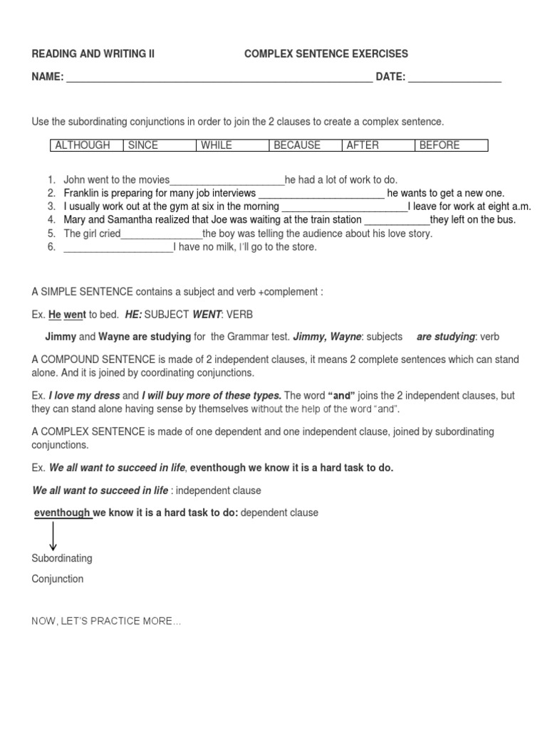 Complex Sentences Exercise Reading and Writing Task | PDF | Sentence ...