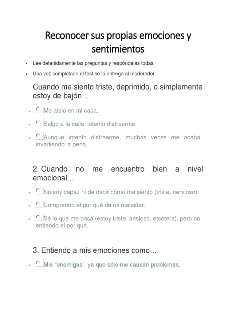 Hoja de Preguntas Reconocer Emociones y Sentimientos | PDF | Las ...