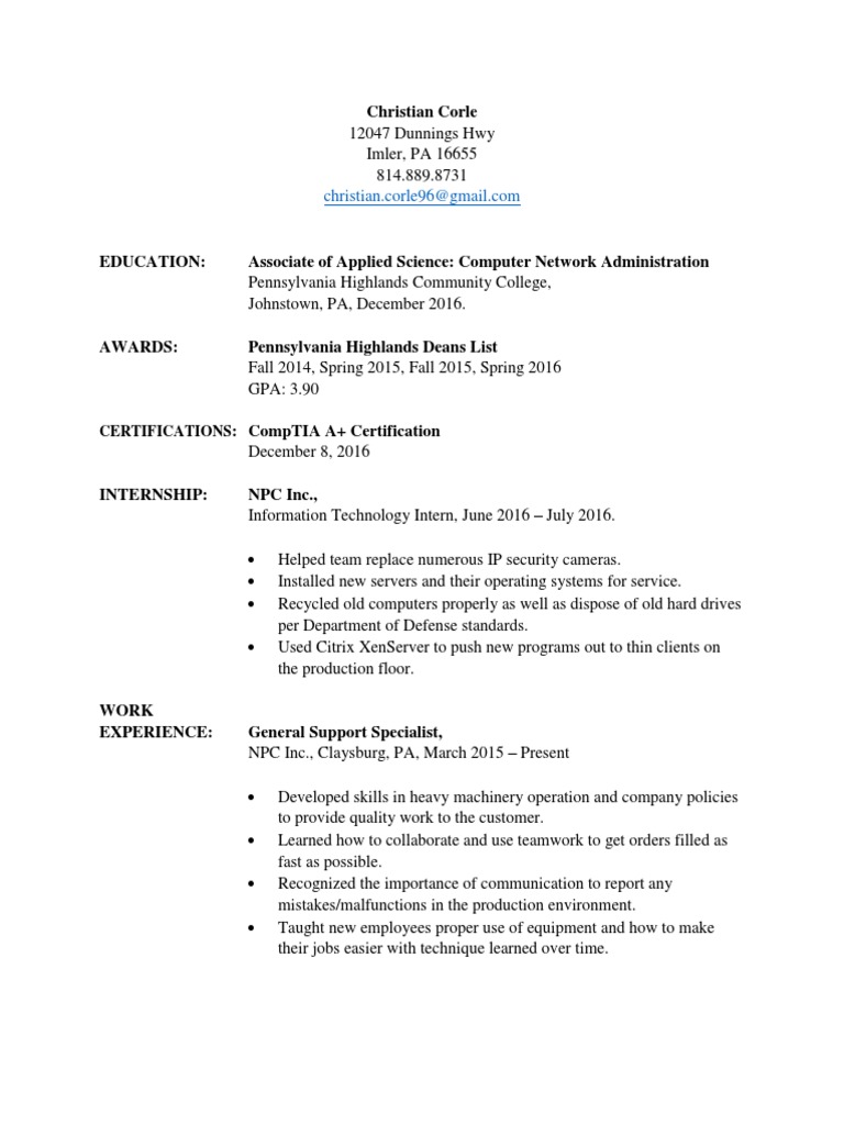 Christian Corle: IT Resume & Skills | PDF | Computers