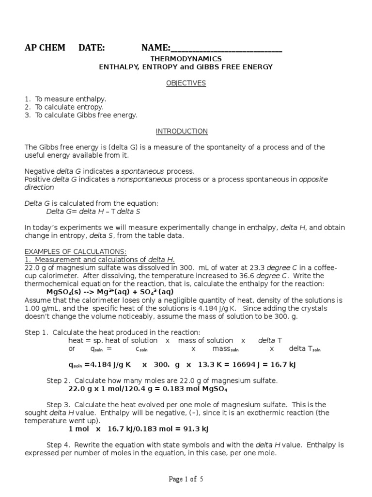 Thermodynamics Lab: Enthalpy & Gibbs | PDF | Enthalpy | Gibbs Free Energy