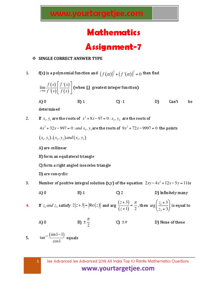 JEE Advanced 2018 Top 10 Ranks Mathematics Questions | PDF | Triangle ...