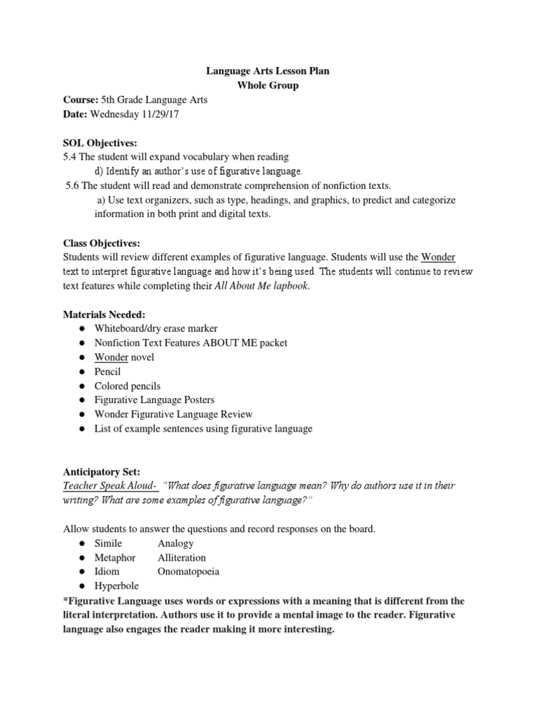 5th Grade Figurative Language Lesson Plan | PDF | Psychological ...