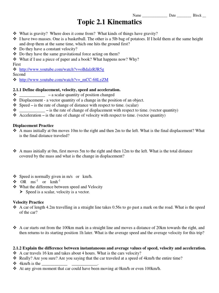 Kinematics Notes and Practice Exercises | PDF | Velocity | Speed