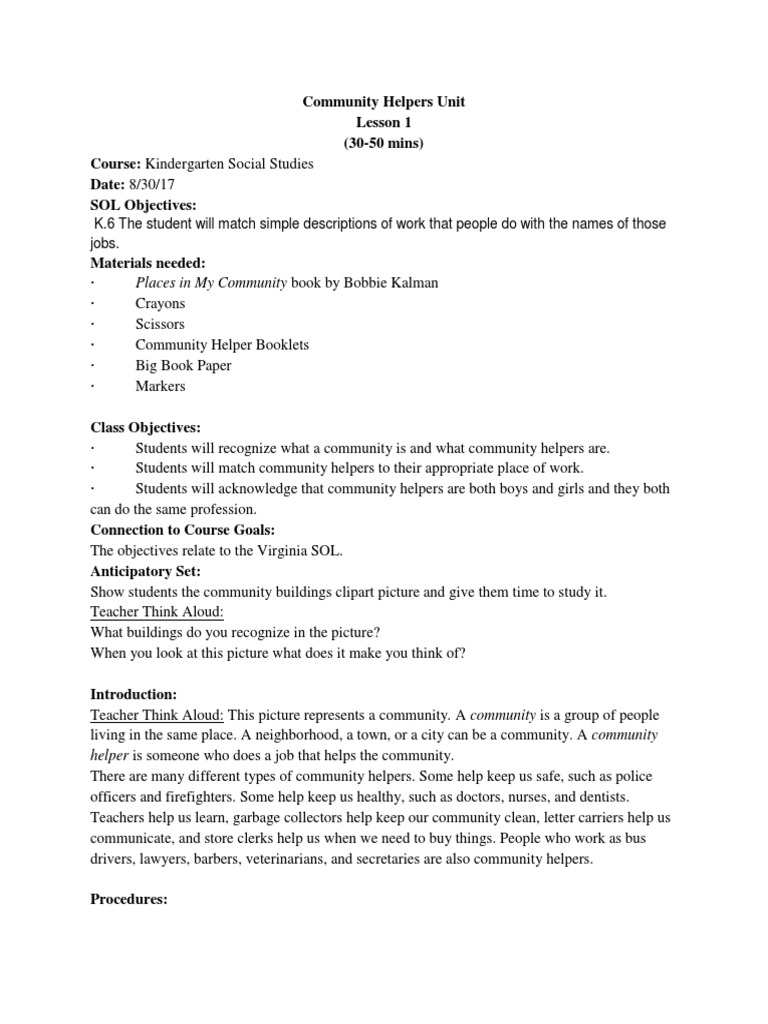 Social Studies Unit Plan-Kindergarten | PDF | Firefighter | Teachers