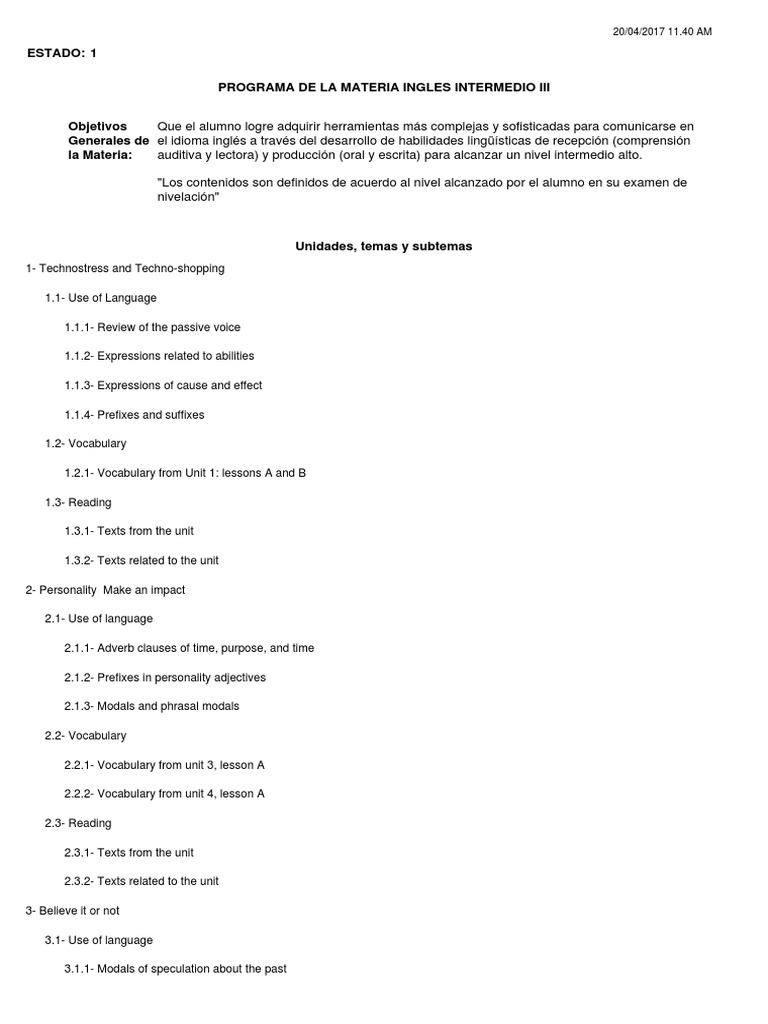 Programa Inglés Intermedio III | PDF | Idiomas