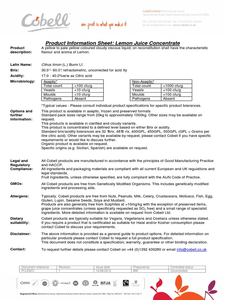 Lemon Juice Concentrate V1 | PDF | Lemon | Juice