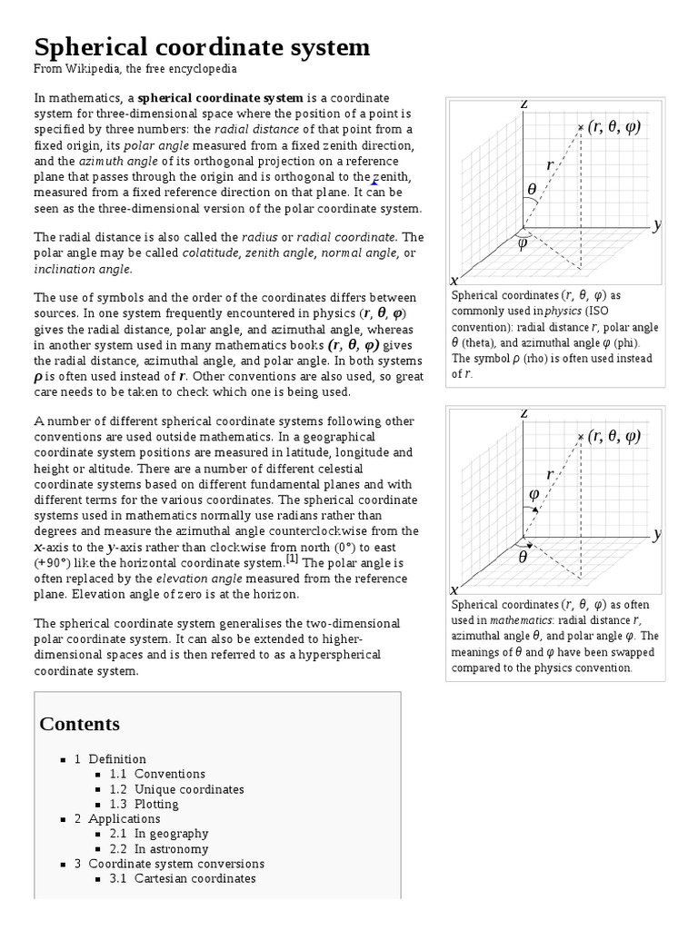 Spherical Coordinate System PDF Geometry Mathematical Analysis