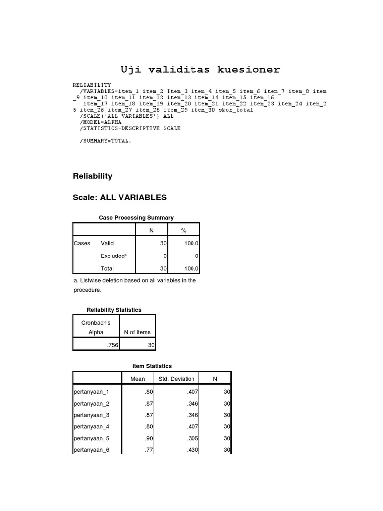 Uji Validitas Kuesioner Reliability Scale All Variables Pdf 3944