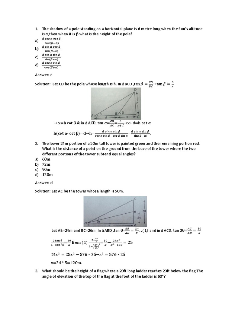 Height and Distance Problems in Trigonometry | PDF | Angle ...
