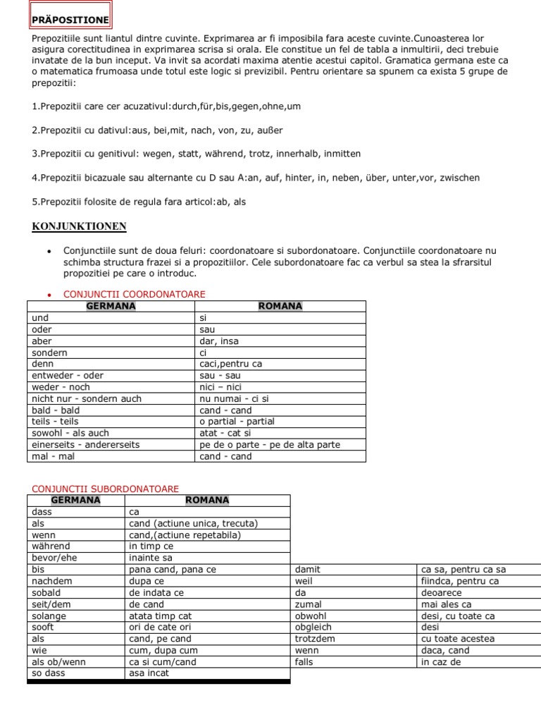 Prepozitii Conjunctii Si Adverbe in Limba Germana PDF | PDF